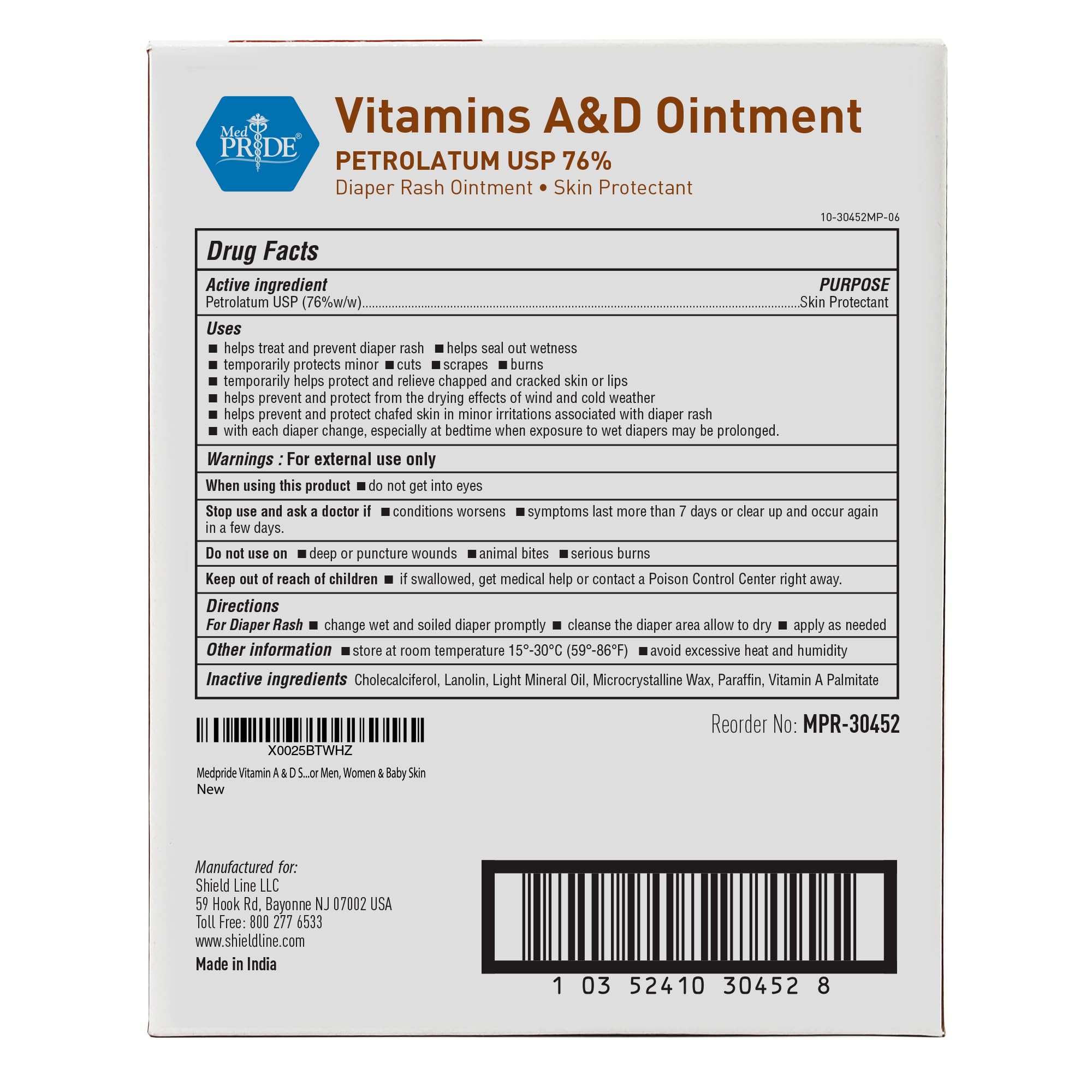 MED PRIDE Vitamins A&D Ointment Diaper Rash Cream Packets Adults AD Skin Protectant 5g Packets 144 Ct Lanolin & Petrolatum for Chafing Cuts Dry Skin