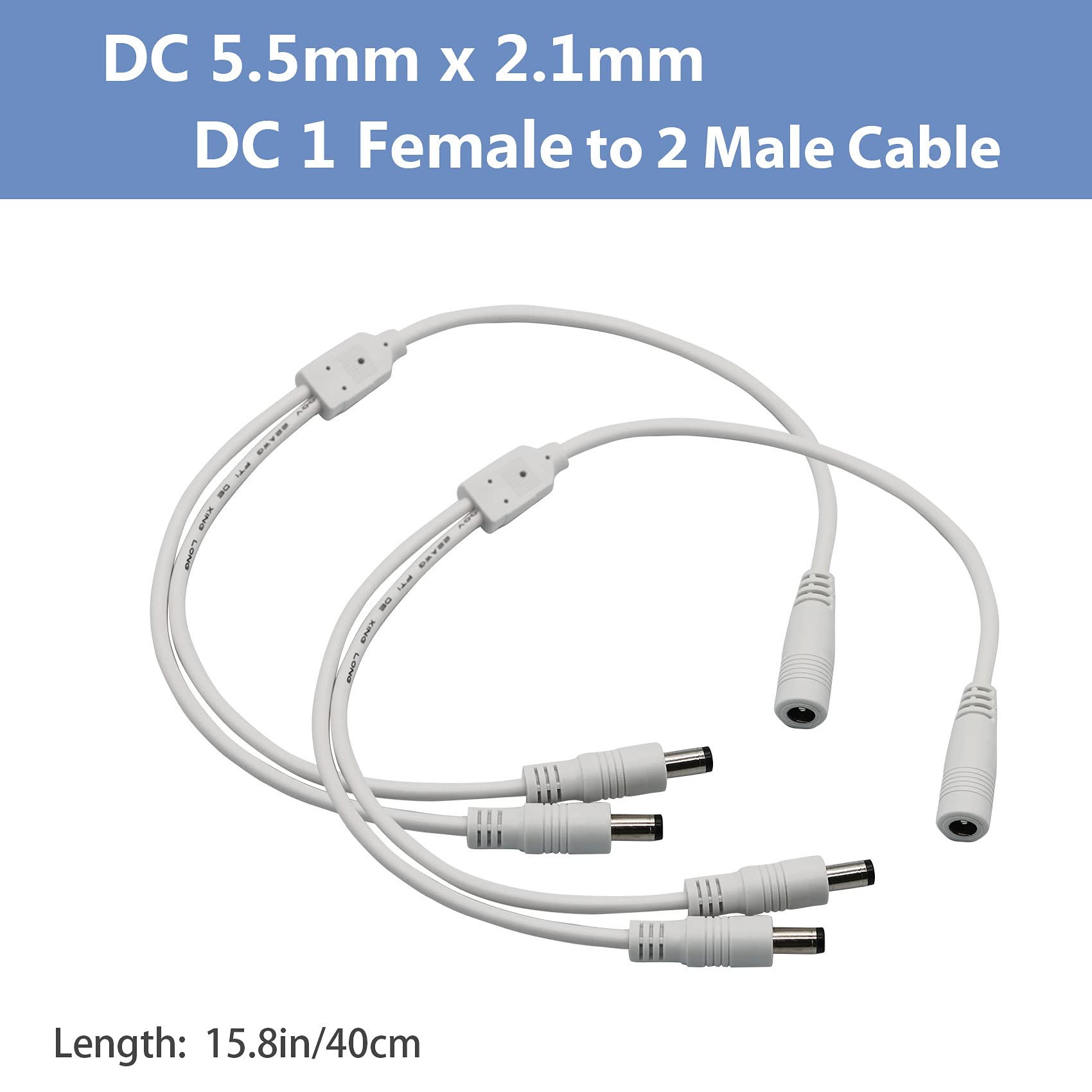 PAUTIX 2-Pack DC 1 Female to 2 Male 5.5mm X 2.1mm Splitter Cable DC Power Adapter for LED Strip Light CCTV Security Cameras(1 to 2)