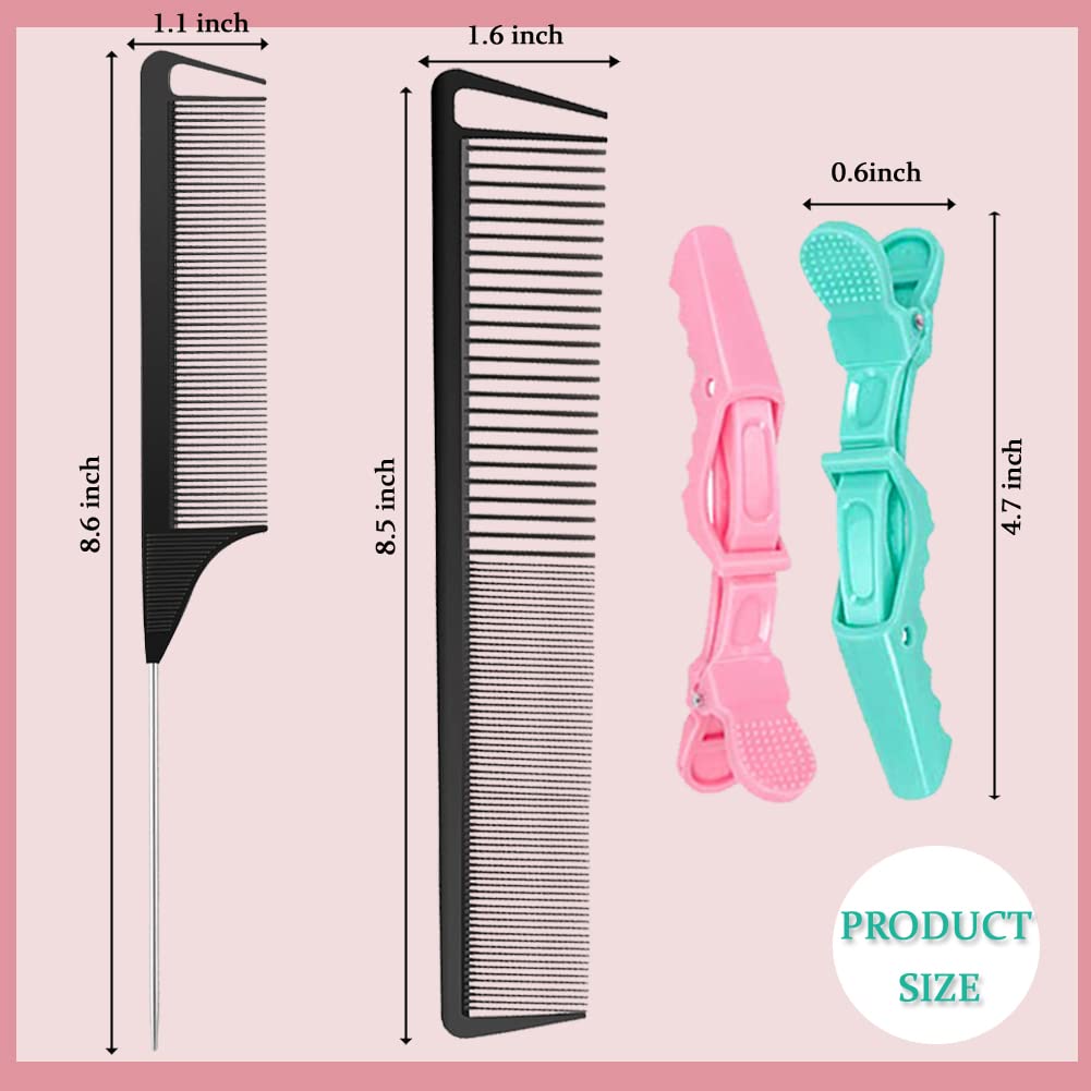 6 Pieces Rat Tail Comb Cutting Comb with Wide and Fine Teeth and Alligator Styling Sectioning Hair Clips Set, Carbon Fiber Styling Combs Stainless Steel Pintail Comb Teasing Combs Parting Combs for Braiding Hair With 4Pcs Colorful Hair Clip for Braids Sal