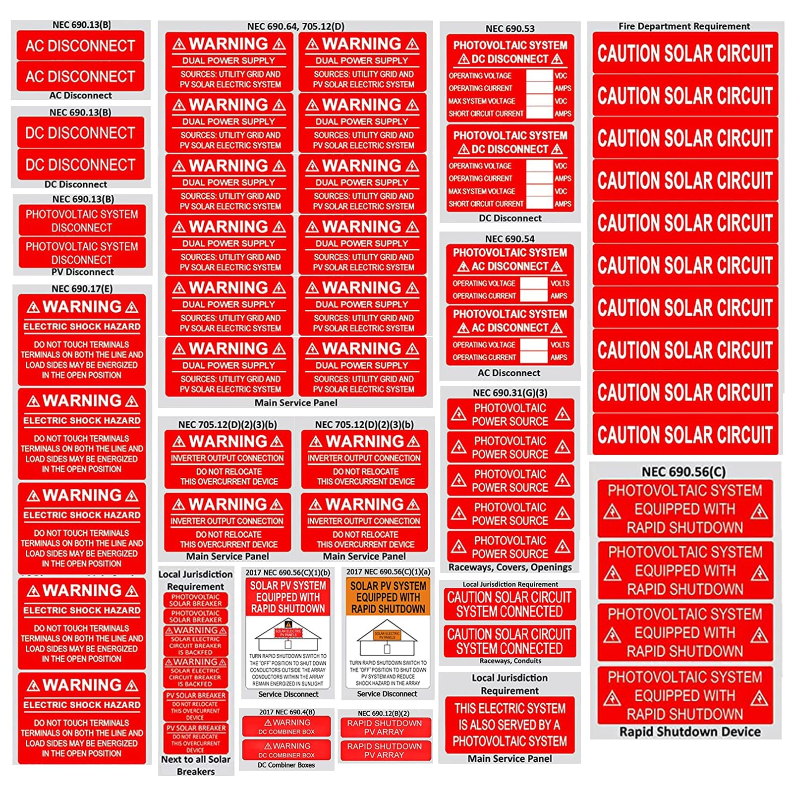 62 Pack Premium Solar PV System Labels - UV Resistant, NEC Compliant, Safety Warning Photovoltaic System Labels with Rapid Shutdown - ANSI/ISO Approved