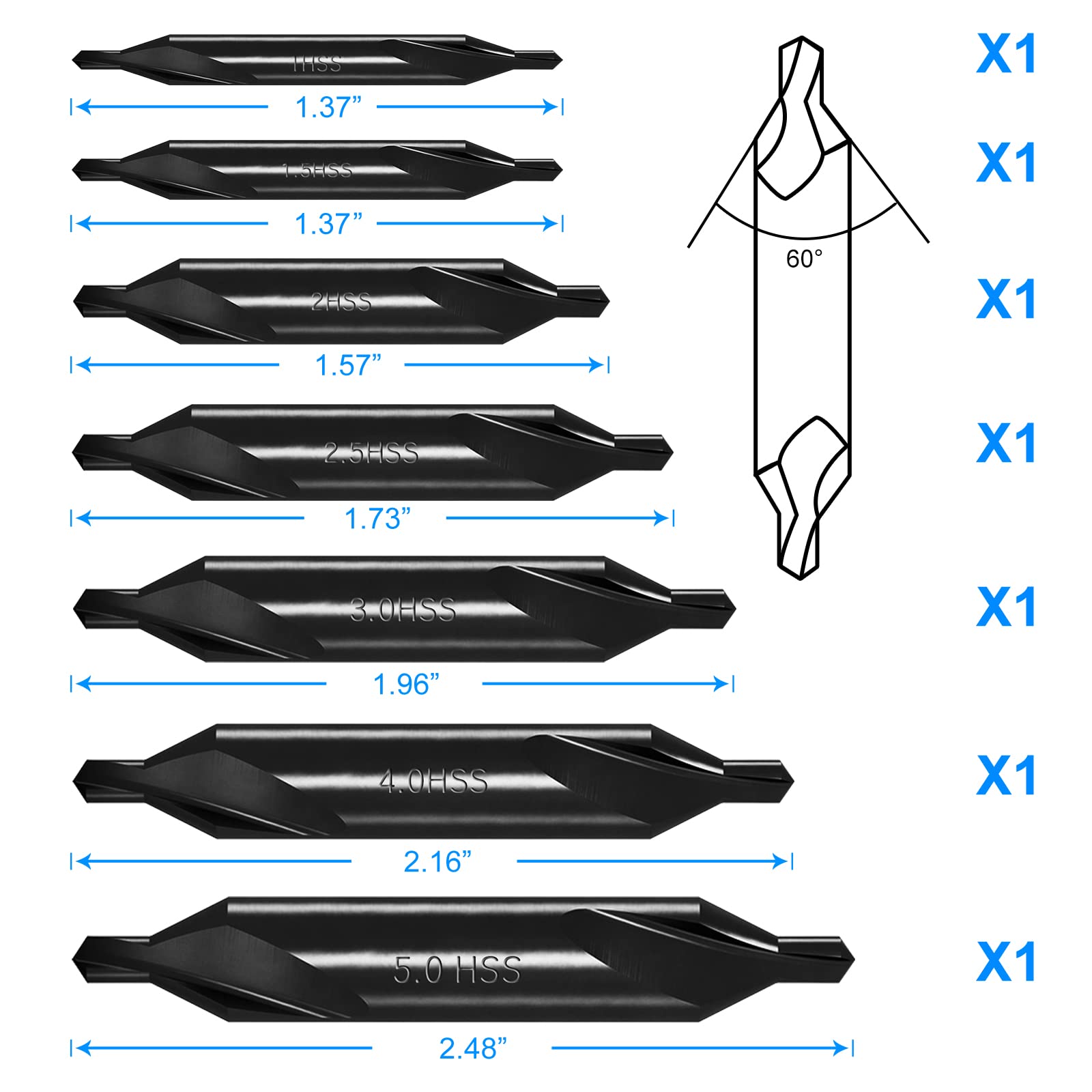 7 Packs Center Drill Bits Set, Black Oxide Coating M2 High Speed Steel Center Drill Bits Kit 60 Degree Angle Countersink Bit Tool for Lathe Metalworking Size 1.0 1.5 2.0 2.5 3.0 4.0 5.0 with Case