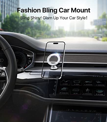 andobil Magnetic Phone Holder for Car [Fashion Bling, Invisible Mini] Compatible with MagSafe 3 Pop-Socket iPhone 14 Pro Max 13 12 S23 S22 15 etc, 360° Rotation Dashboard Mount, Cute Car Accessories