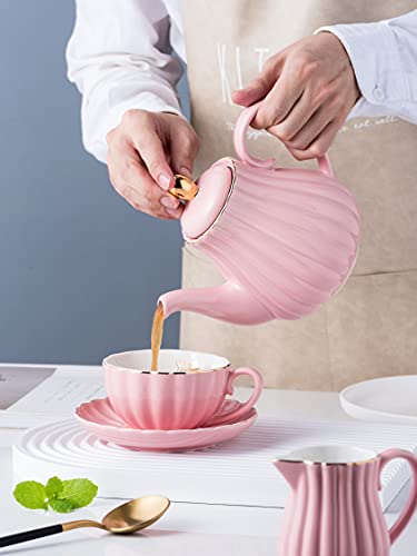 Jusalpha Fine China Pink Coffee Cup/Teacup Set, 7 OZ Cups& Saucer Service for 4, with Teapot-Sugar Bowl-Cream Pitcher Teaspoons and tea strainer for Tea/Coffee, 17-Pieces (TW Full set)