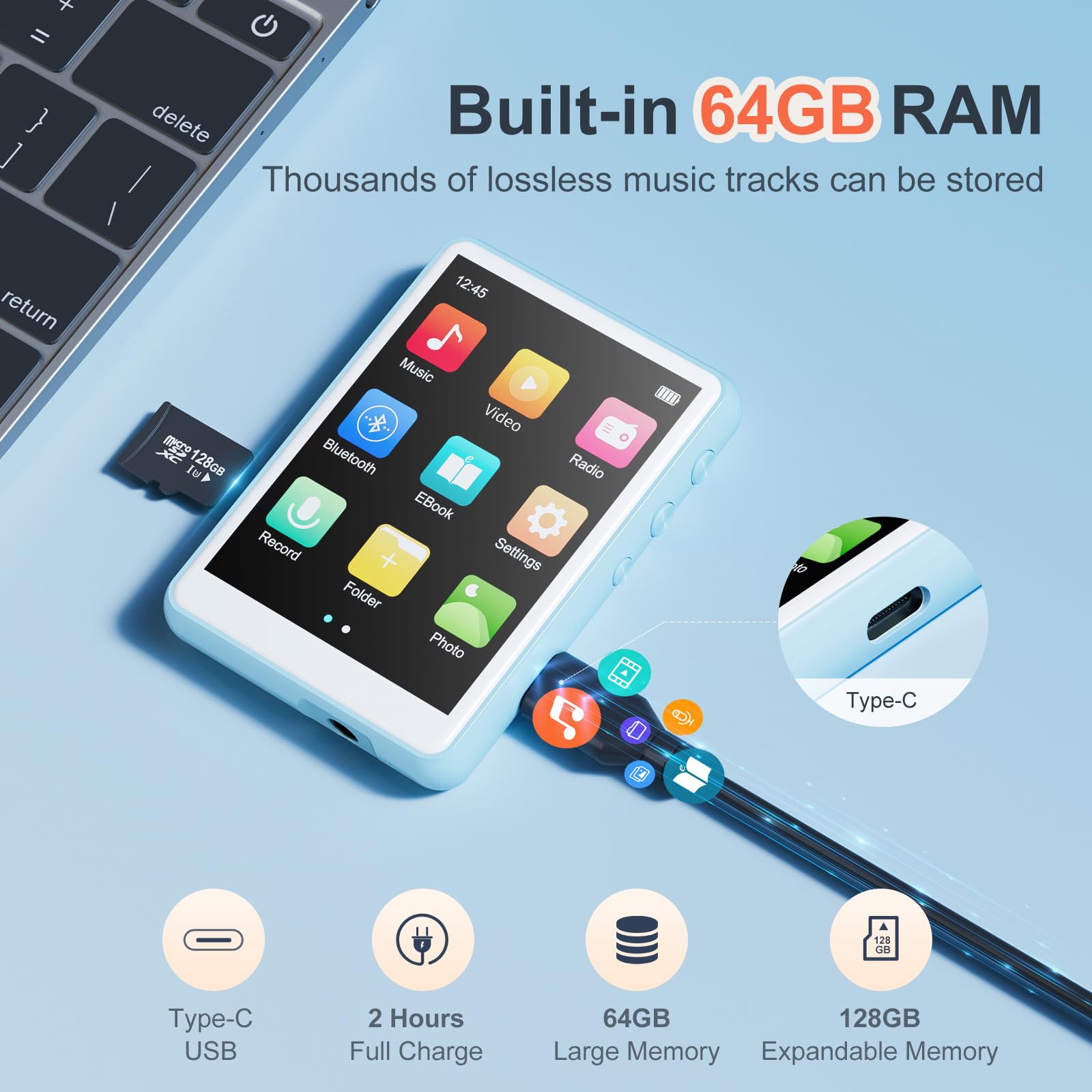 64GB MP3 Player with Bluetooth 5.3 - MECHEN 2.4" Full Touch Screen,Portable Digital HiFi Lossless Sound Music MP3 MP4 Player with Speaker,FM Radio,Line-in Recording,E-Book,Earphones Included.
