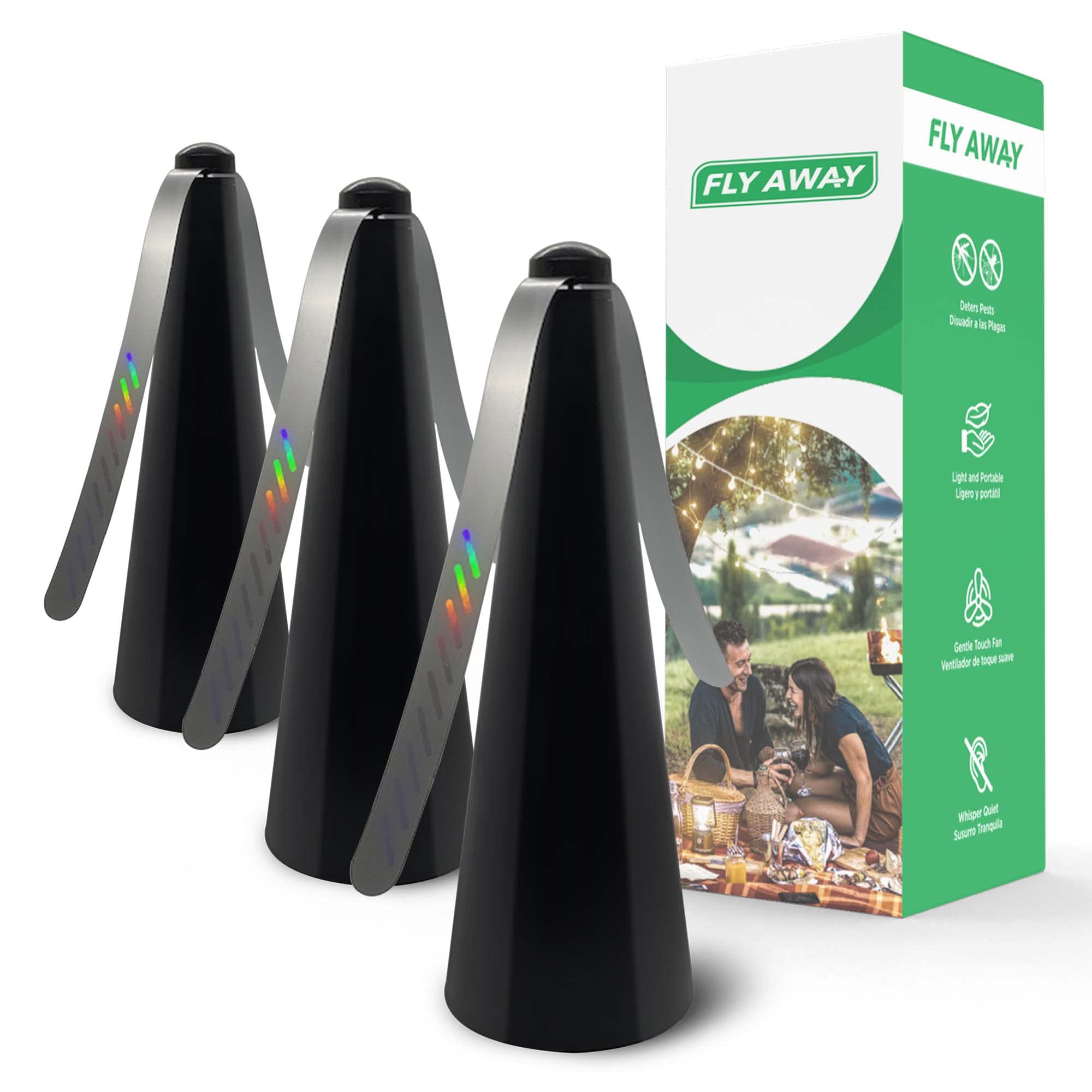 Fly Away - 3 Pack Outdoor Fly Repellent Fan, Outside or Inside Table use, Restaurant, Barbeque, Events, Deter Flies, Wasps, Bees, Other Moscas and Bugs Away, Battery Operated, Tabletop, Hanging Hook.