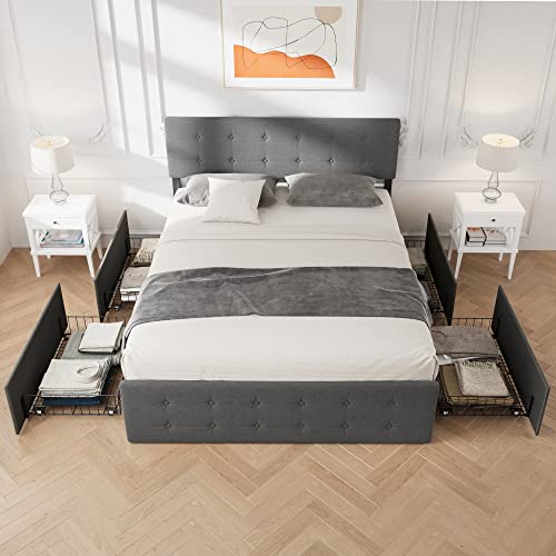 Amyove Queen Bed Frame with 4 Storage Drawers,Fits 8'' 10'' 12" Mattress (Queen (U.S. Standard)), Grey (Bed 0927)