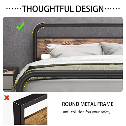 Albearing Queen Size Bed Frame with Wooden Headboard and Footboard, Heavy Duty Oval-Shaped Platform Bed with Under-Bed Storage, Steel Slats Mattress Foundation Round Pipe Design,Brown