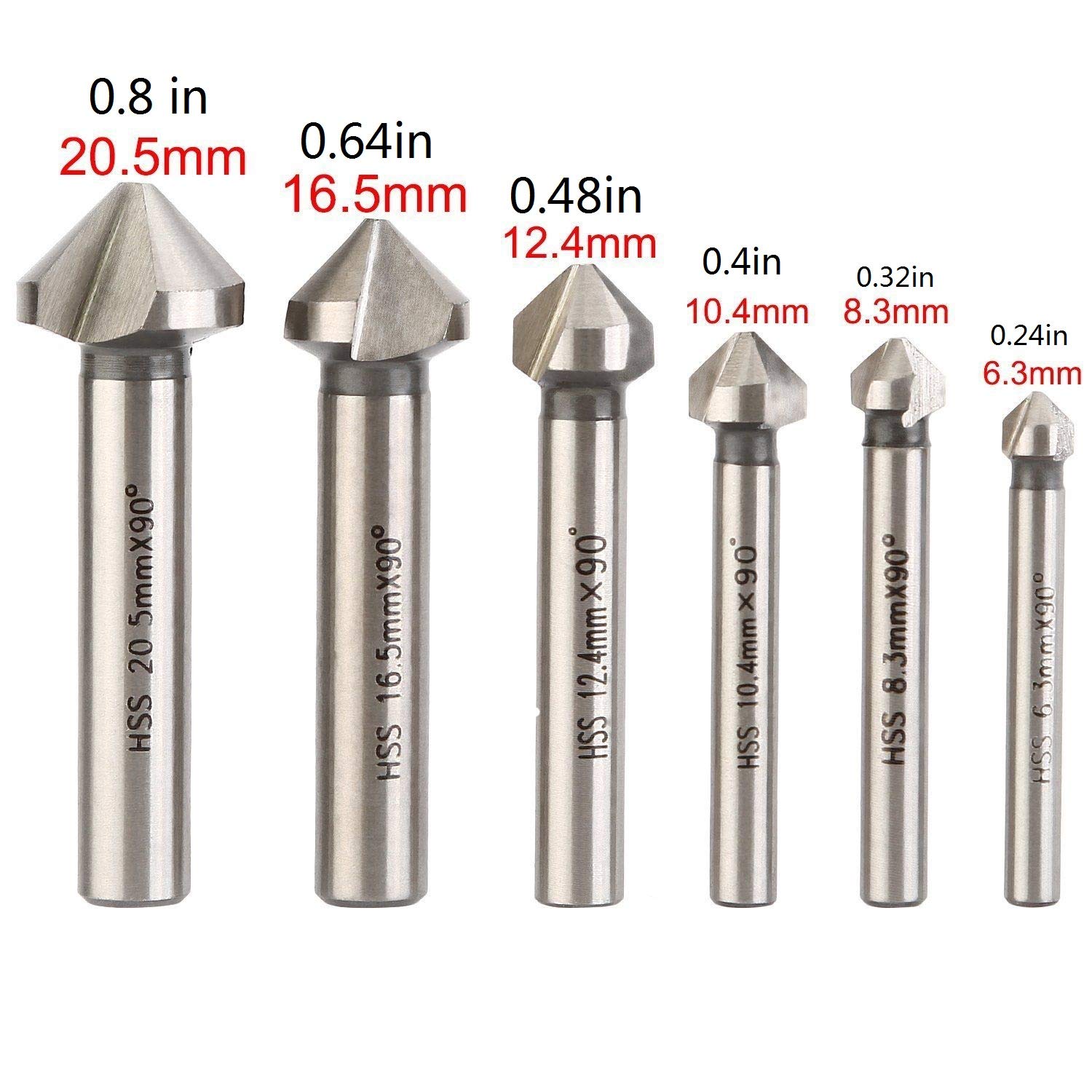 Dtacke 6PC 90 Degree 3 Flute Chamfering End Mill Cutter Drill Bit HSS Chamfer Countersink Bits Set