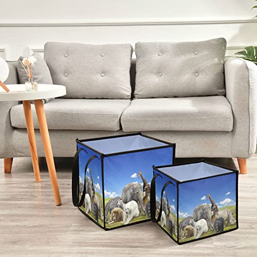 Blueangle Wild Animals Group Cube Storage Bin with Handles, 13 x 13 x 13 in, Large Collapsible Organizer Storage Basket for Home Décor(507)