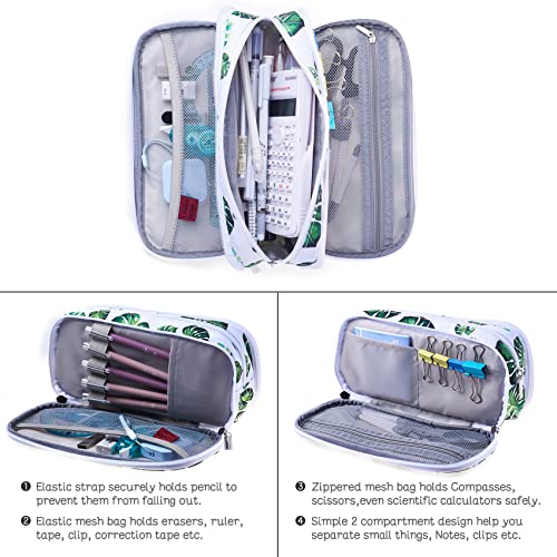 LParkin Tree Leaves Cute Pencil Case Super Large Capacity 3 Compartments Canvas Pen Bag Pouch Stationary Case Makeup Cosmetic Bag
