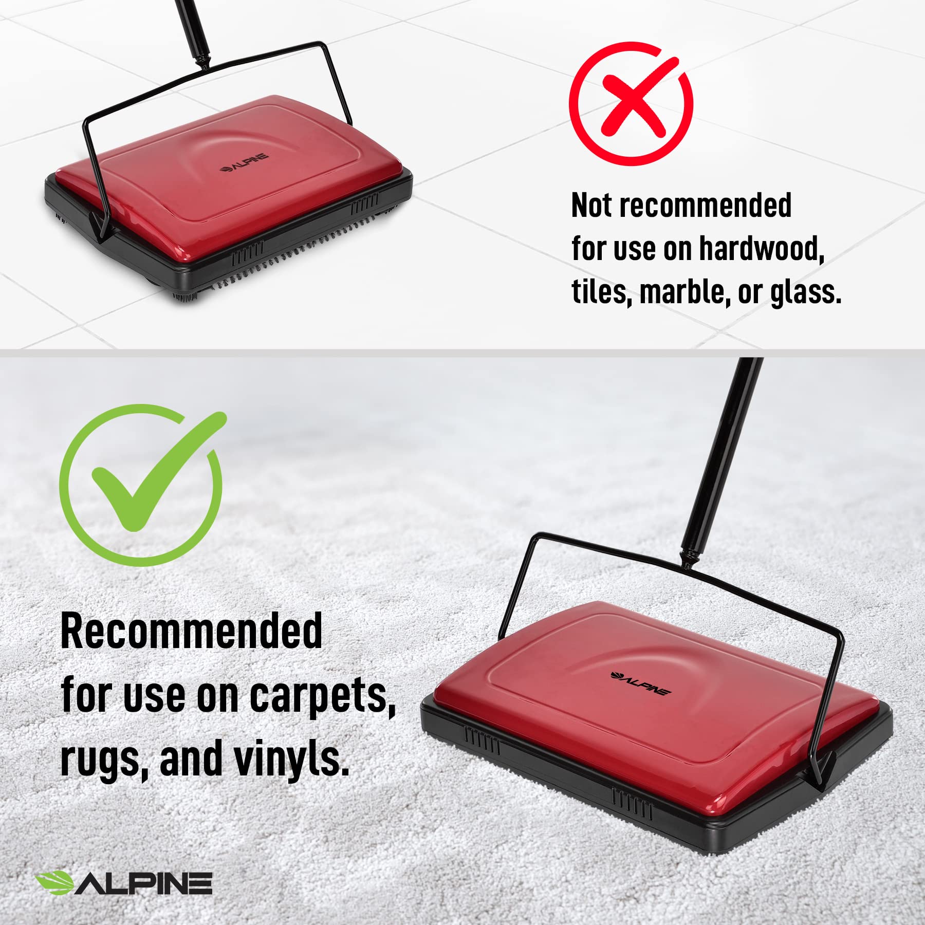 Alpine Manual Carpet Sweeper Triple Brush – Non Electric Multi-Surface Floor Cleaner Easy Sweeping for Carpeted Floors (Red -Updated)