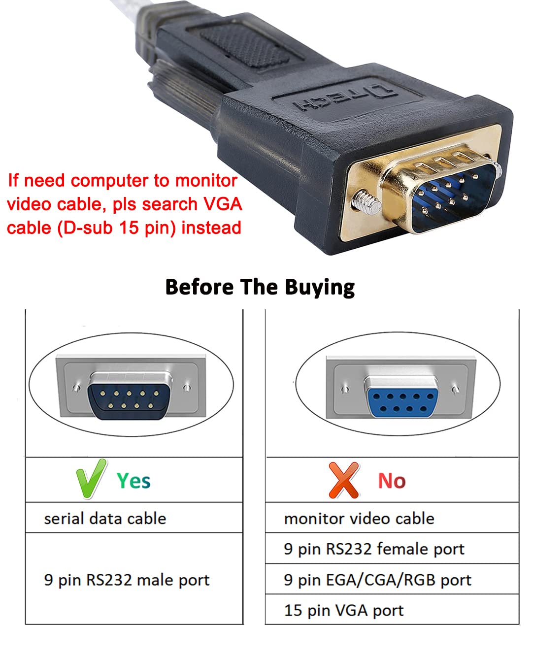 DTech Serial Cable to USB Adapter DB9 Male RS232 Port Supports Windows 11 10 8 7 Mac (6 Feet, PL2303)