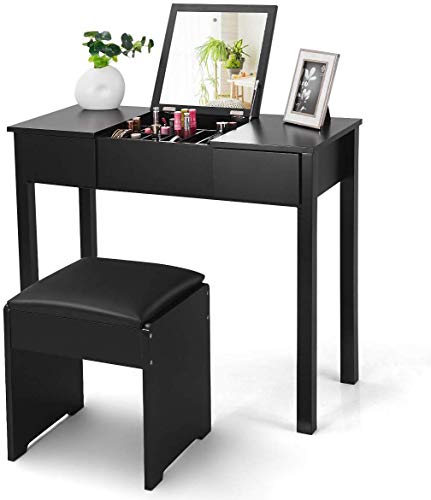 Vanity Table with Flip Top Mirror, Solid Wood Makeup Dressing Table , Writing Desk with Cushioned Stool Set, 2 Drawers for Different Sized Makeup Accessories, Bedroom Bathroom Organizers (Black)