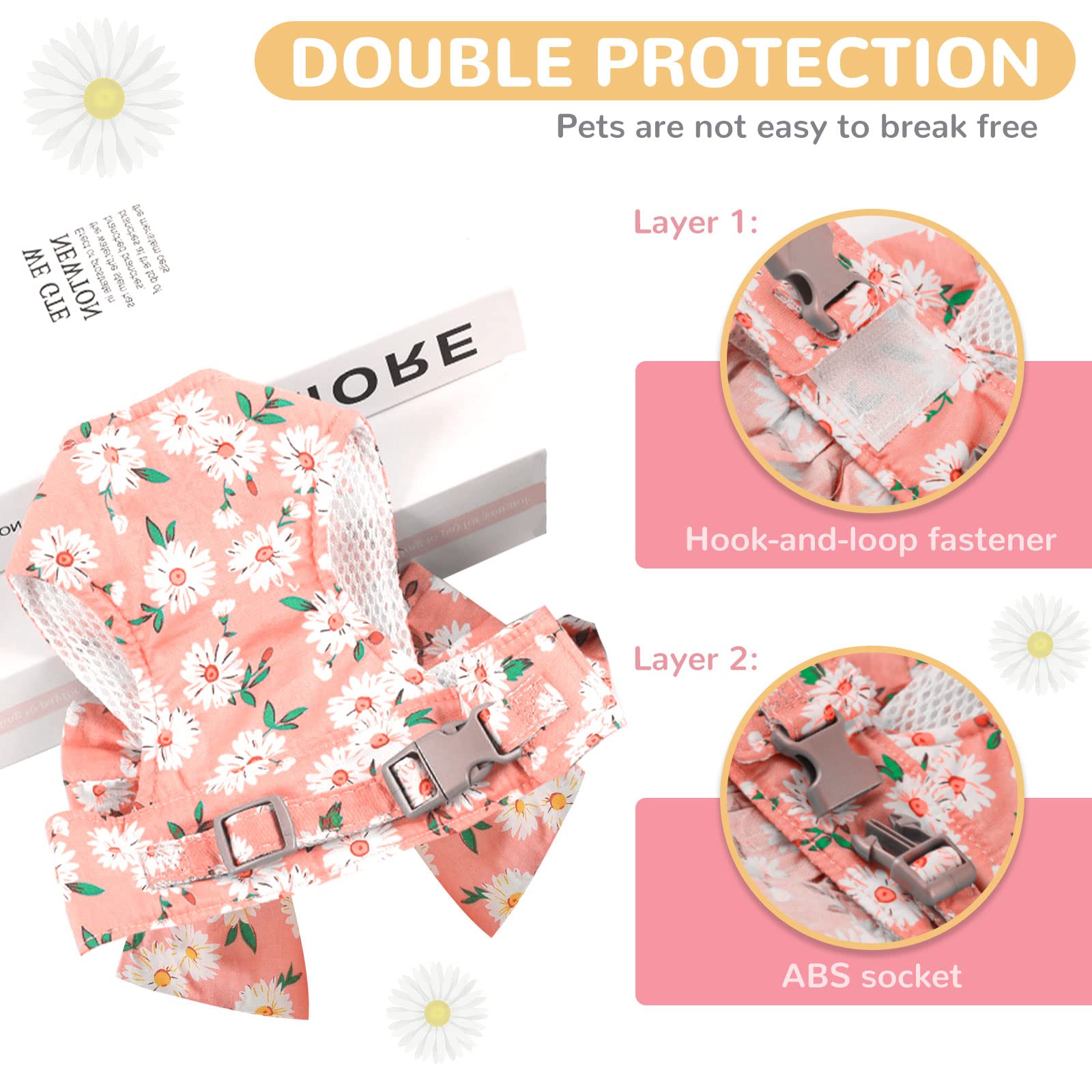 BAEJMJK Dog Harness and Leash Set with Bow Knot No Pull Pet Daisy Floral Harness with D-Ring Soft Mesh Dog Harness Vest Set Escape Proof Princess Puppy Harness for Small Girl Dogs Cats(Pink M)