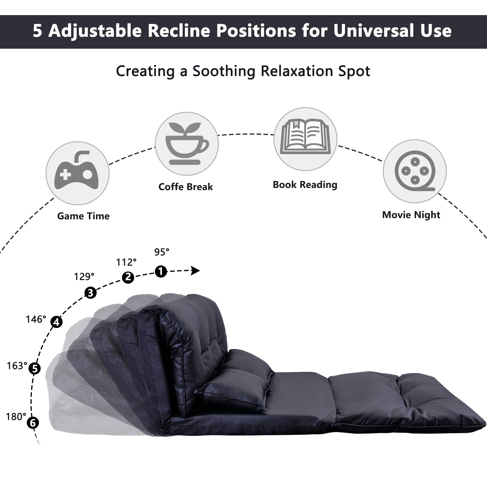Angel Sar Adjustable Floor Sofa Bed, PU Futon Lazy Sofa, Folding Couch, Gaming Sofa with 2 Pillows for Living Room, Bedroom, Black