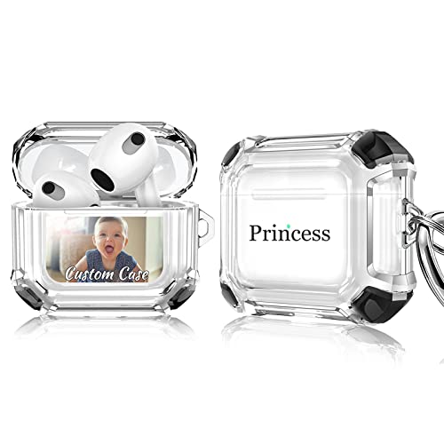AnNengJing Custom Photo Name AirPods 3 Case with Keychain,Personalized Soft Clear TPU AirPods 3rd Gen Case Cover (Black)