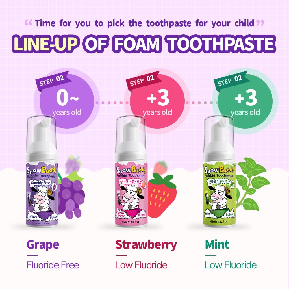 SnowBuddy Foam Toothpaste Kids - Mint Flavors - 1 Pack, Anti Cavity with Low-Fluoride, for u-Shape Toothbrush and Mouthwash for Dental Care