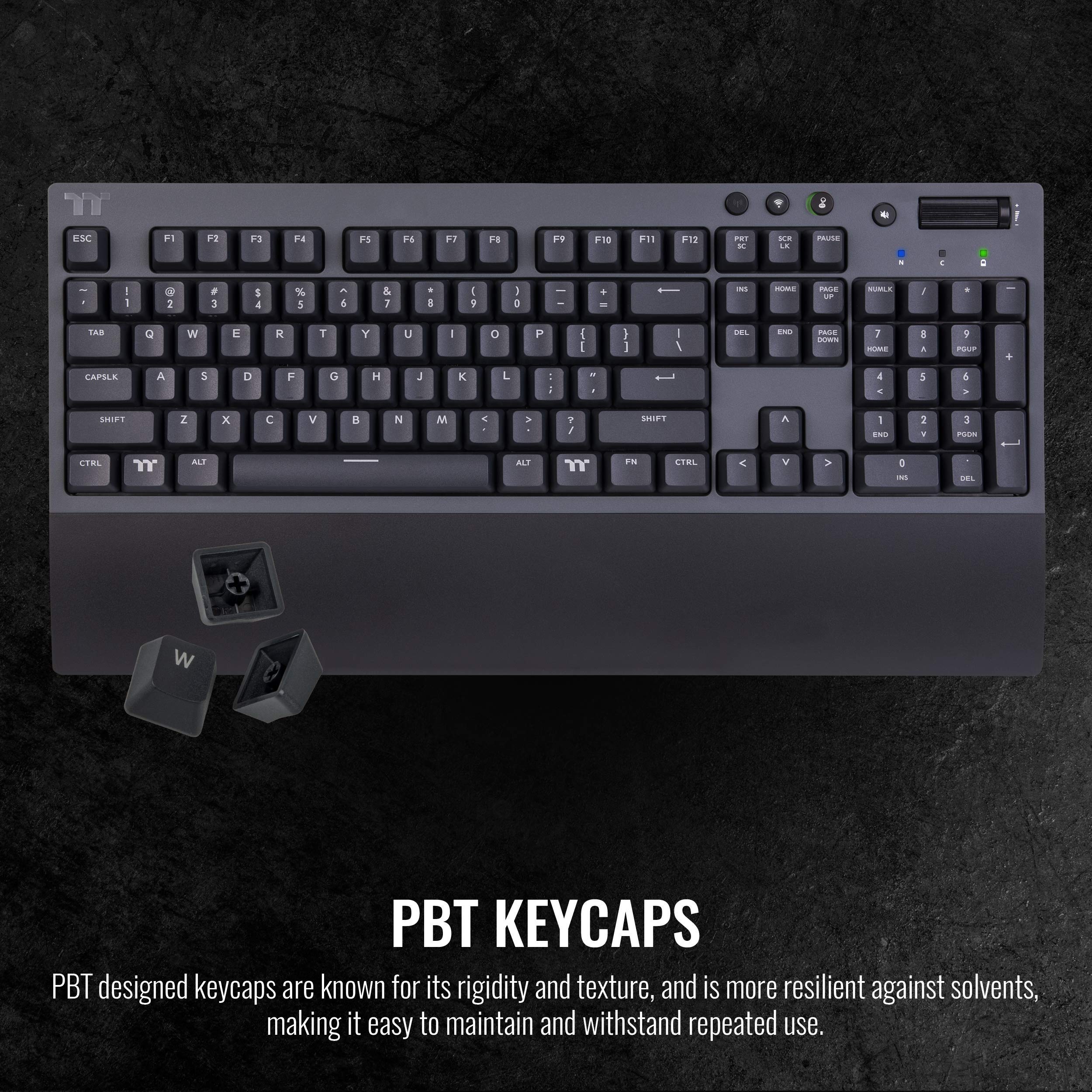 Thermaltake W1 Wireless Gaming Keyboard Cherry MX Blue, 2.4GH per Minute, Bluetooth 4.2, Low Energy Technology, USB Type-C Connection. GKB-WOW-BLSNUS-01,Titanium Gray
