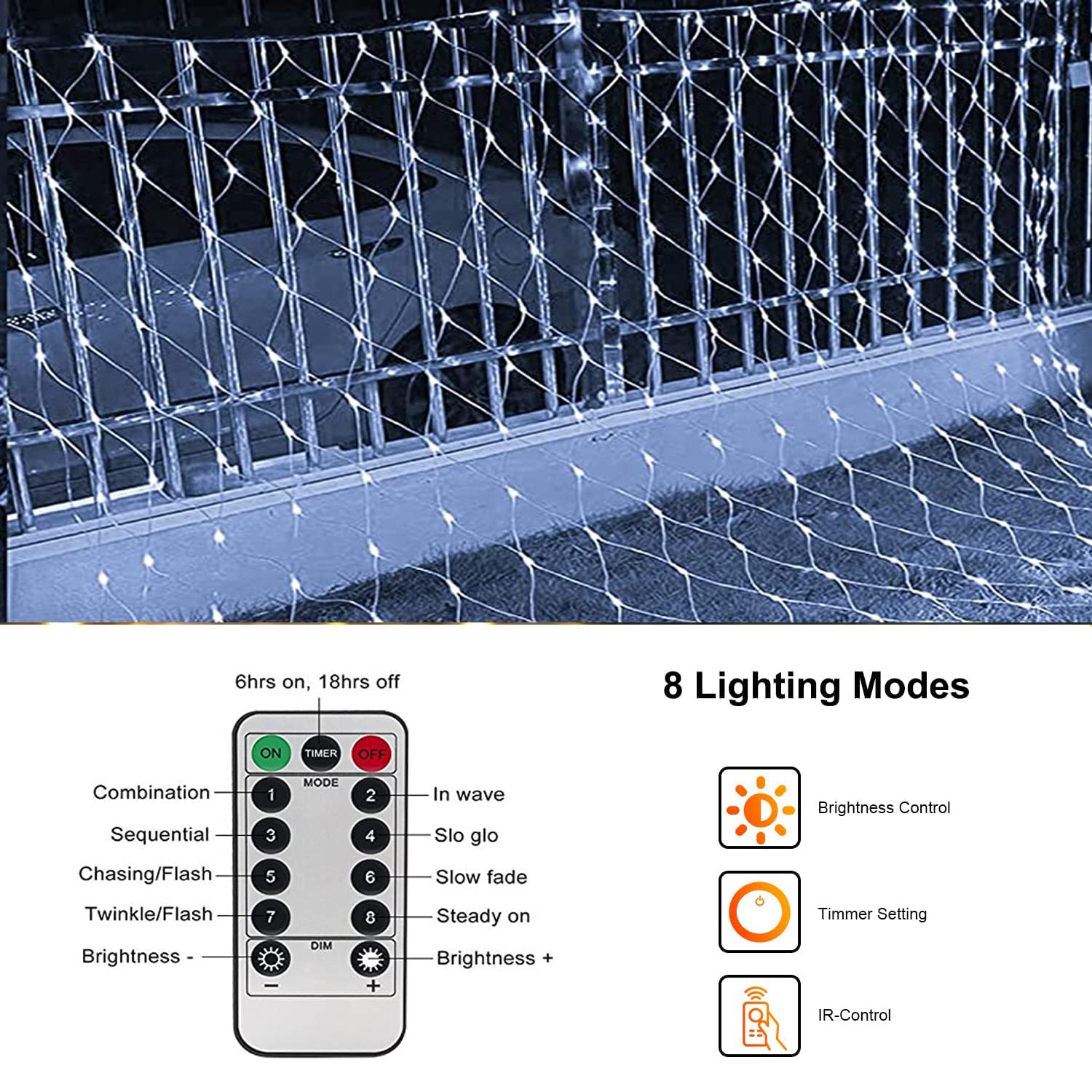 Apatner Outdoor Net Mesh Lights Bushes Lights Plug in Outside Tree Light 9.8ft x 6.6ft 200 LED Connectable for Curtain Garden Yard Balcony, 8 Mode with Remote(White)