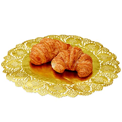 Juvale 60 Pack Round Paper Placemats for Dining Table, Formal Events, Decorative Gold Lace Paper Doilies, Bulk Disposable Charger Plates for Cakes, Desserts, and Baked Goods (12 in)