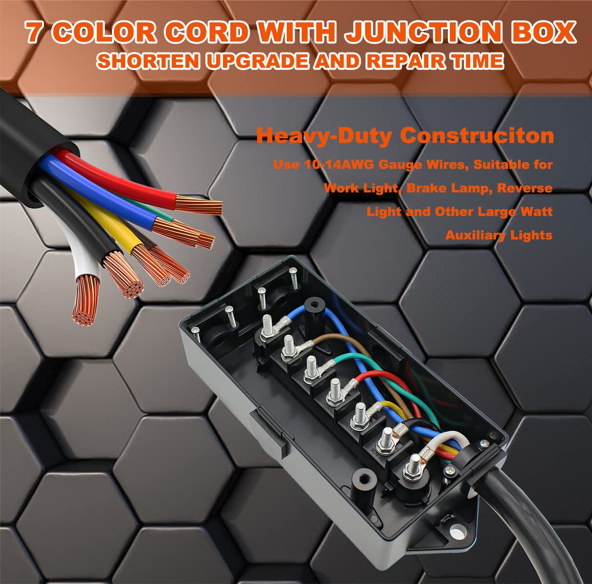 7 Pin Trailer Plug Wiring Harness (6ft)with 7 Gang Waterproof Junction Box, Heavy Duty 7 Way RV Trailer Replacement Wiring Harness Kit