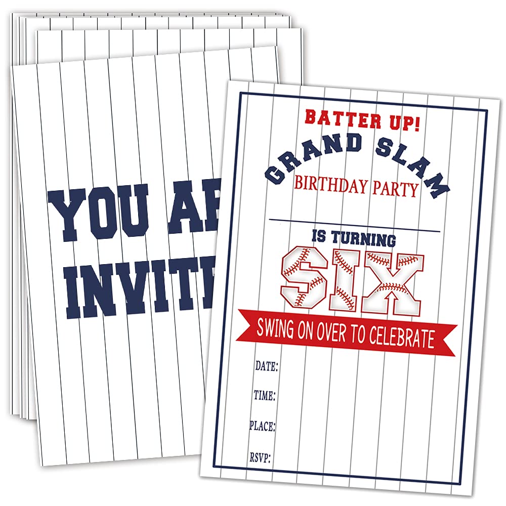 ukebobo 6th Birthday Party Invitations with Envelopes – Batter Up Baseball Party Invitations, Baseball Party Decorations– 20 Cards With Envelopes(bq-06)