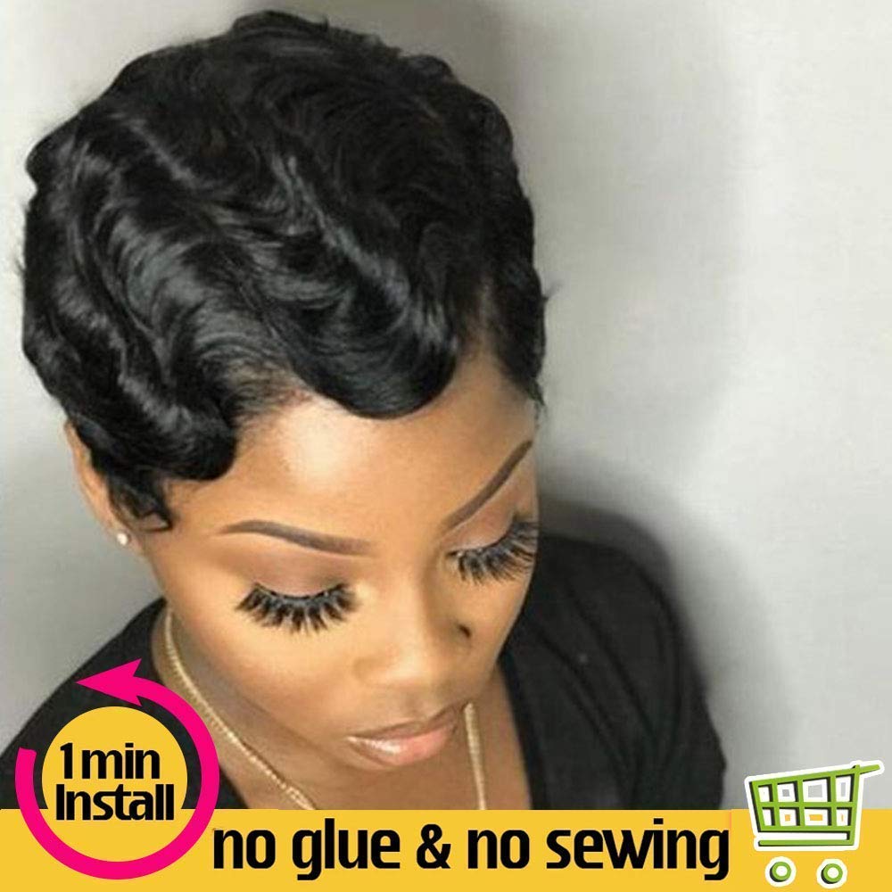 YOLANFAIRY Short Pixie Cut Wigs For Black Women Mommy Brazilian Finger Ocean Wave Remy Human Hair Cheap Wig For Party(Black 1B#)