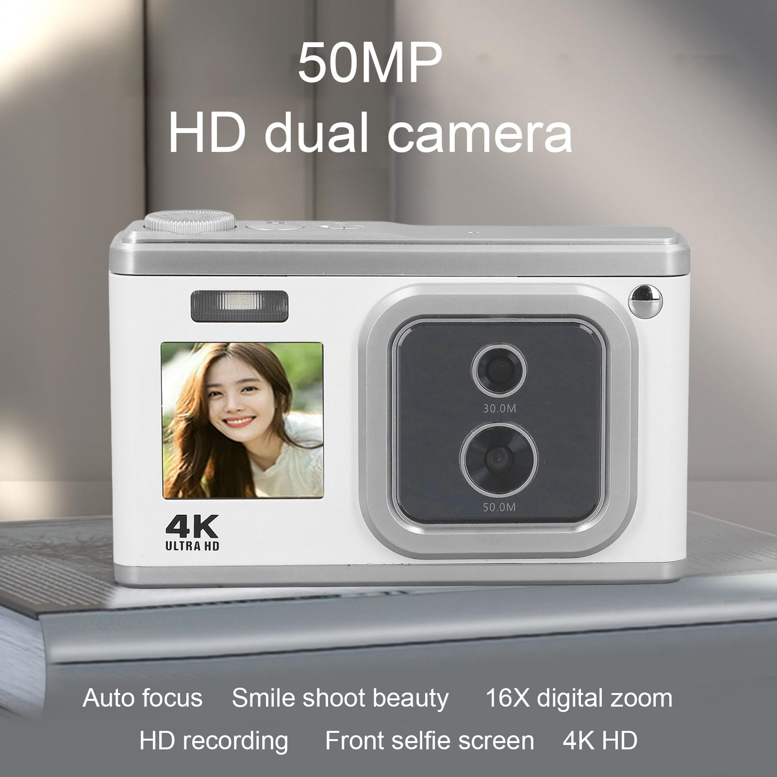 4K Digital Camera with Flash, 50MP Digital Camera for Photography and Video Autofocus Anti Shake, Travel Portable Camera with Battery, 16X Zoom Vlogging Camera (White)