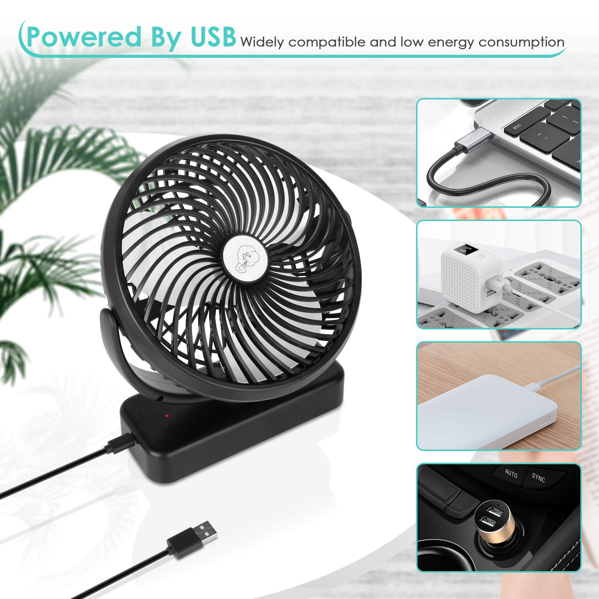 7-Inch Desk Fan, USB Operated Desktop Fan With 3 Speeds, Hanging Hook, LED Lantern, Table Cooling Fan for Home Office and More