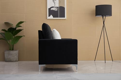Velvet Small Loveseat Sofa Modern Sectional Couch with Square Armrest Rivets 2 Pillows for Living Room Black
