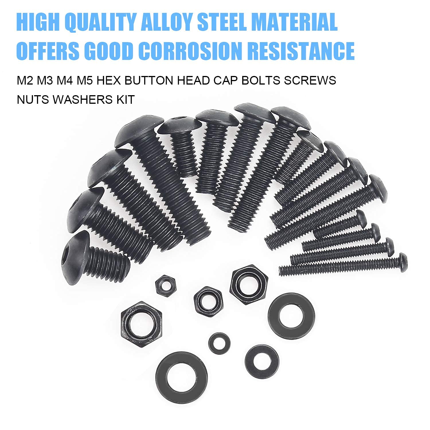 DYWISHKEY 1220 Pieces M2 M3 M4 M5, 10.9 Grade Alloy Steel Hex Button Head Cap Bolts Screws Nuts Washers Assortment Kit with Hex Wrenches