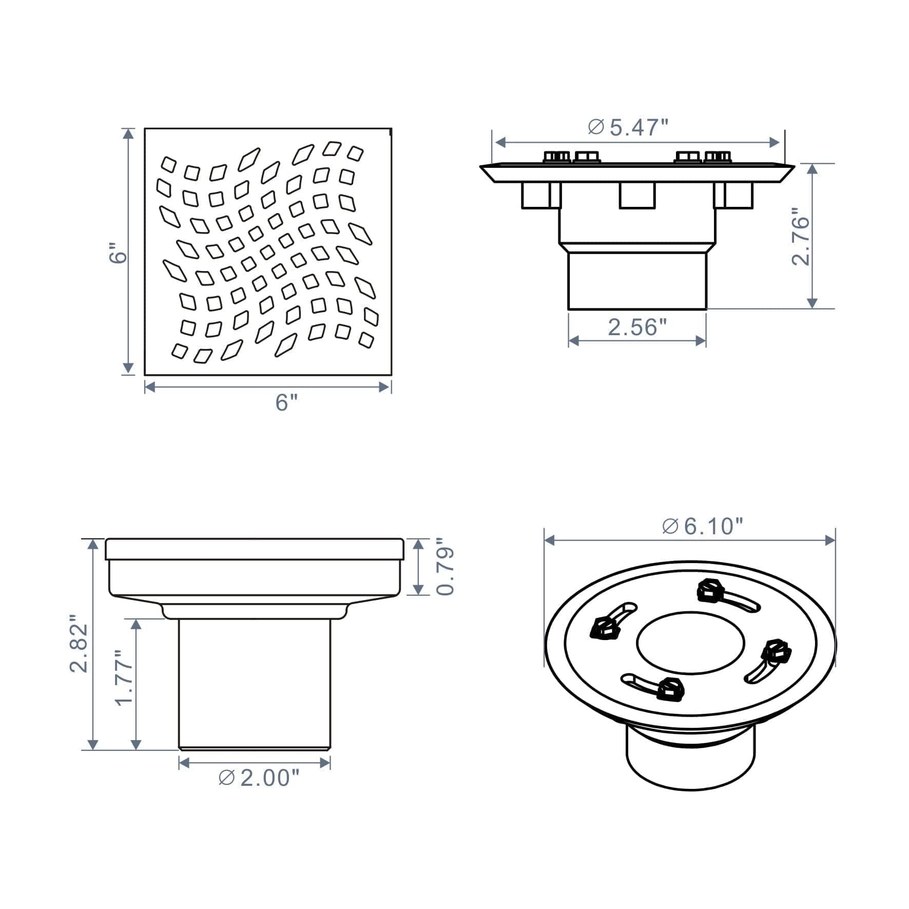 Gold Brushed Shower Drain with Flange, HIDROP SUS 304 Stainless Steel 6 inch Square Shower Floor Drain with Removable Hair Strainer