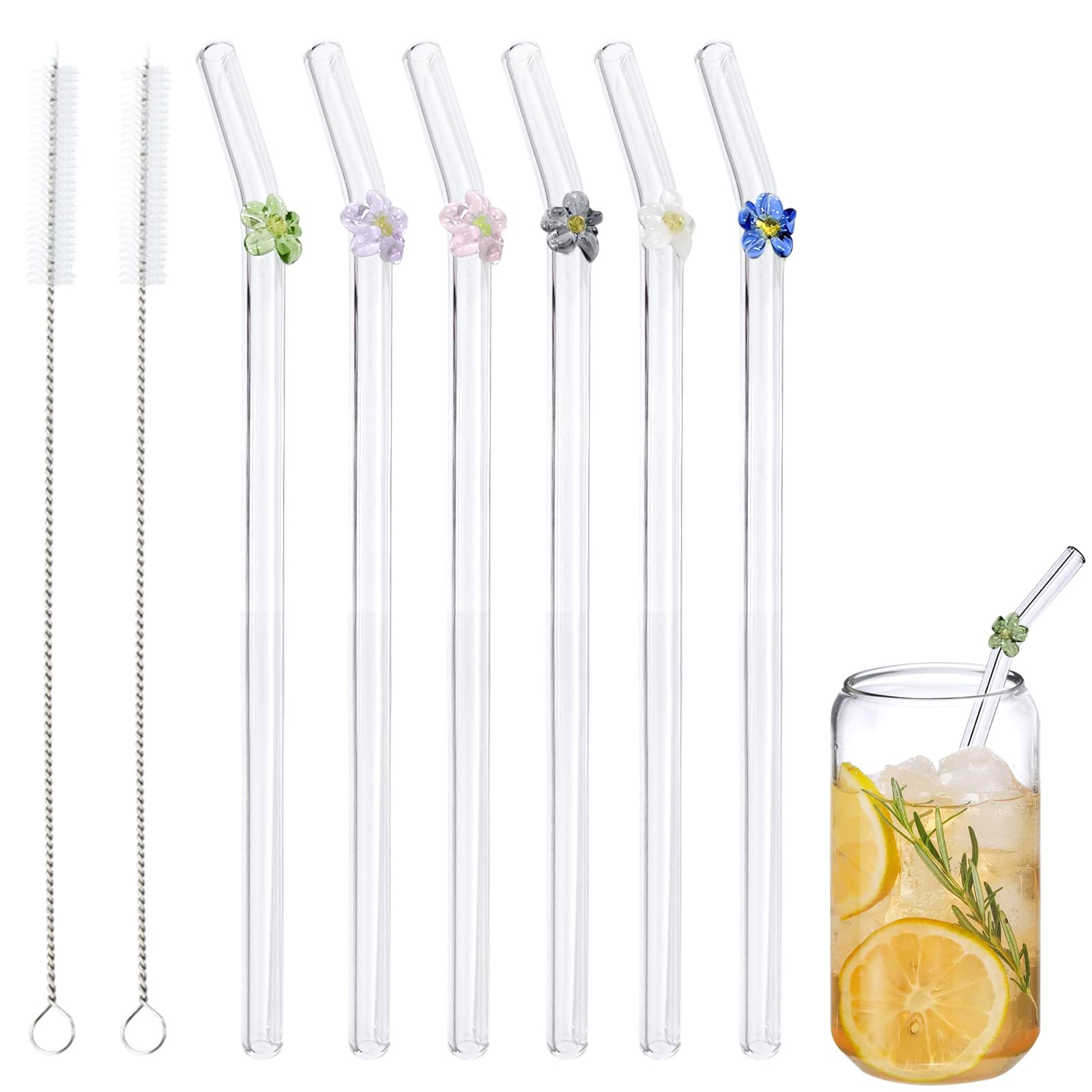 6pcs Glass Straws Shatter Resistant, Colorful Flower Glass Straws with Design,7.9in X 8 mm Bend Glass Reusable Straw with 2 Cleaning Brushes for Smoothies, Milkshakes, Juices, Teas(Transparent)