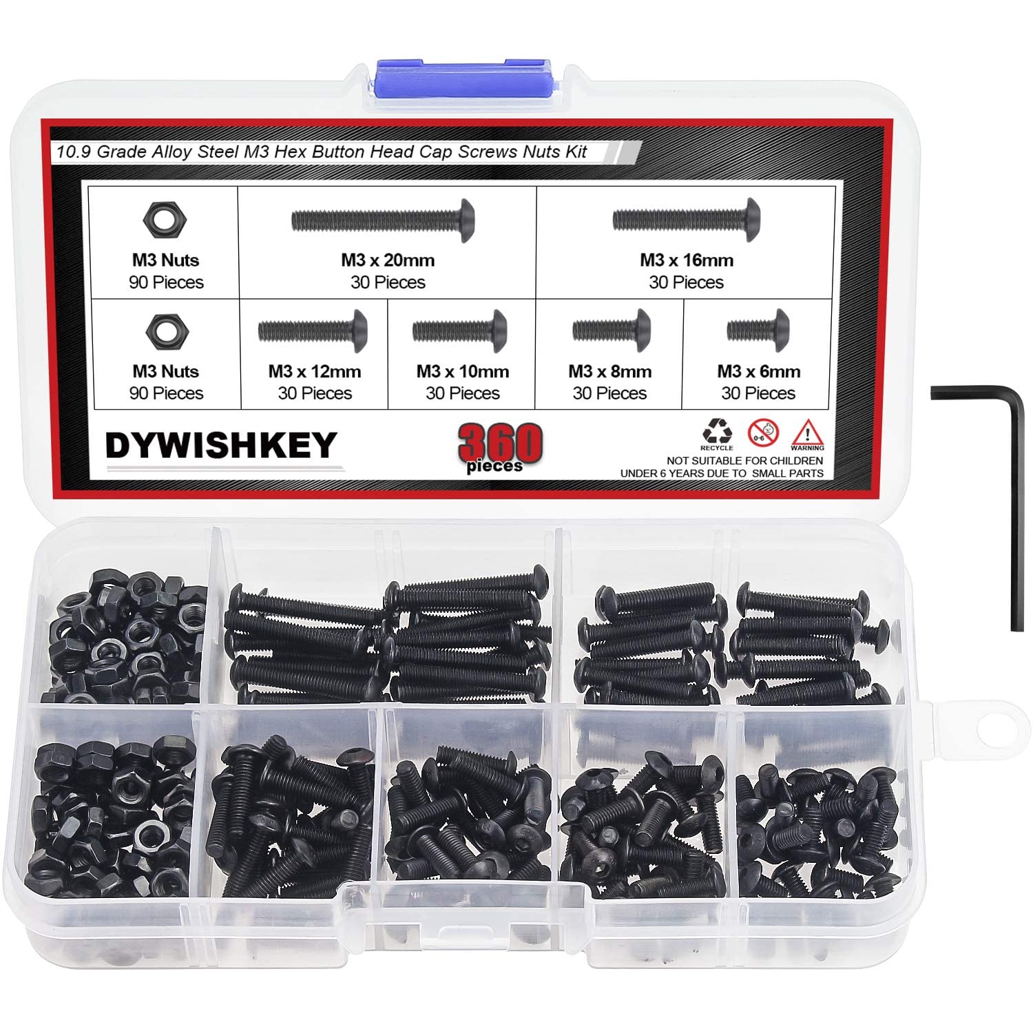 DYWISHKEY 360 Pieces M3 x 6mm/8mm/10mm/12mm/16mm/20mm, 10.9 Grade Alloy Steel Hex Button Head Cap Bolts Screws Nuts Kit with Hex Wrench