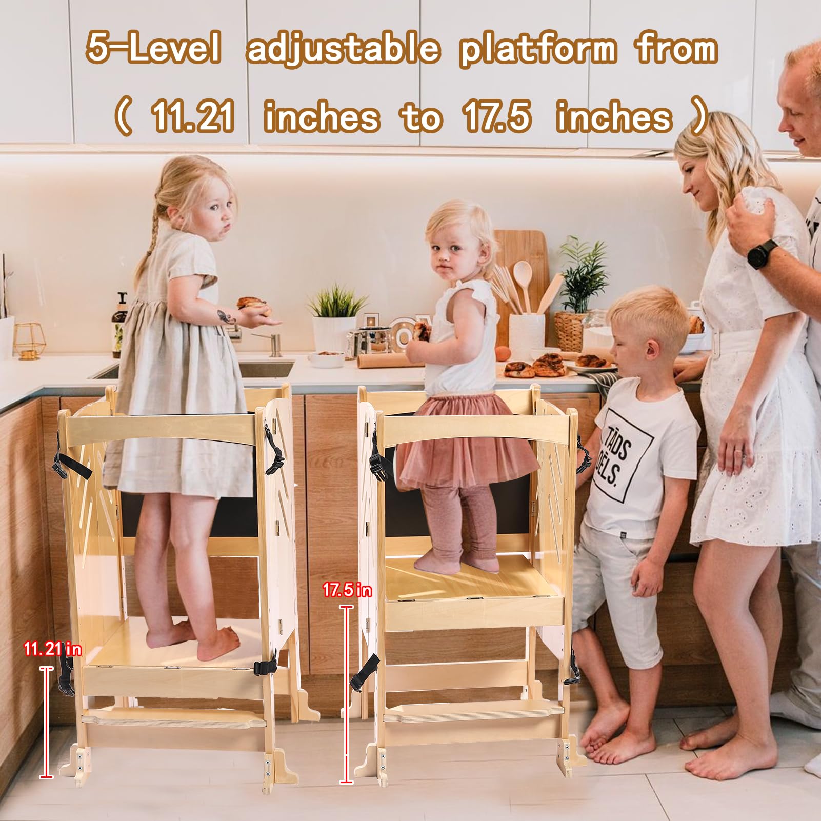 Foldable Toddler Kitchen Step Stool with 5-Level Height Adjustment,with Keeper and Graffiti Drawing Board .Wooden Toddler Tower for Toddlers Over 18 Months Old .(Natural)