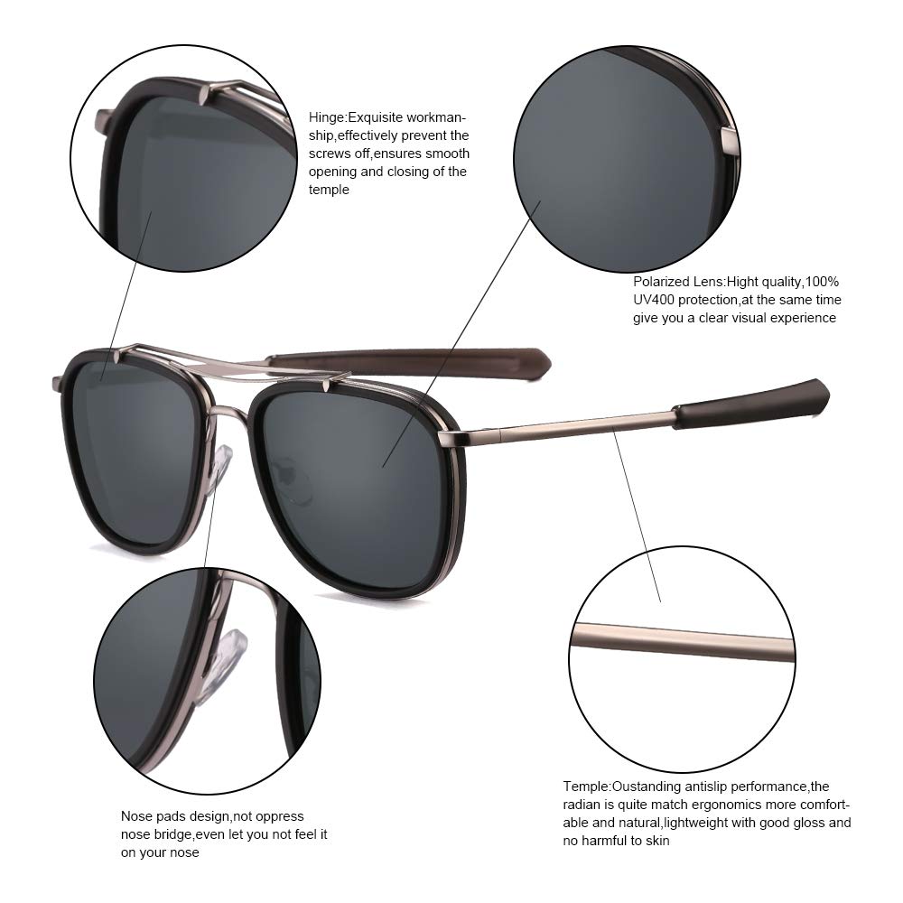 2020 VentiVenti Square Sunglasses For Women Men Polarized Double Bridge Retro Metal Frame UV Protection Brown Frame/Gradient Smoke&Orange Lens