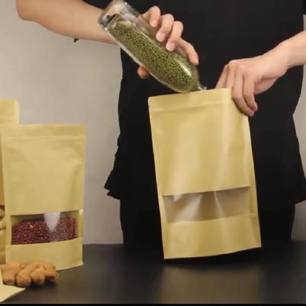 50 pcs Kraft Bags with Window Stand Up Ziplock Seal Paper Bag Resealable Large Food Storage Pouch 10x14in