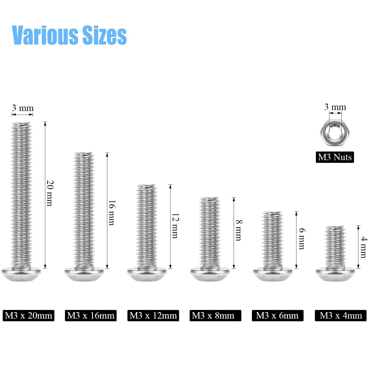 DYWISHKEY 360 Pieces M3 x 4mm/6mm/8mm/12mm/16mm/20mm Stainless Steel 304 Hex Button Head Cap Bolts Screws and Nuts Kit