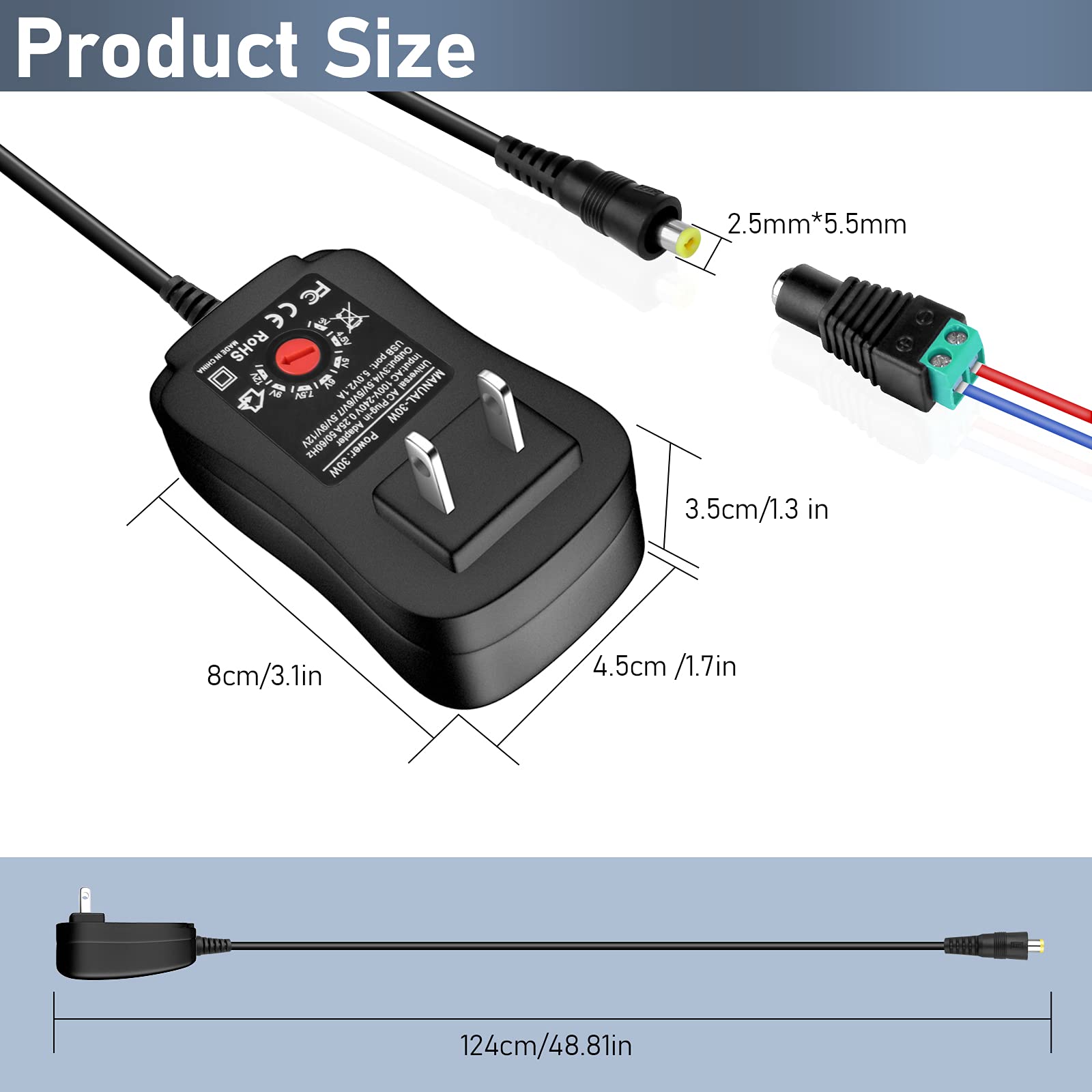 Universal AC Adapter, 30W Universal 3V 4.5V 5V 6V 7.5V 9V 12V AC/DC Adapter Switching Power Supply with 8 Selectable Adapter Head, for 3V to 12V Household Electronics - 2500mA Max