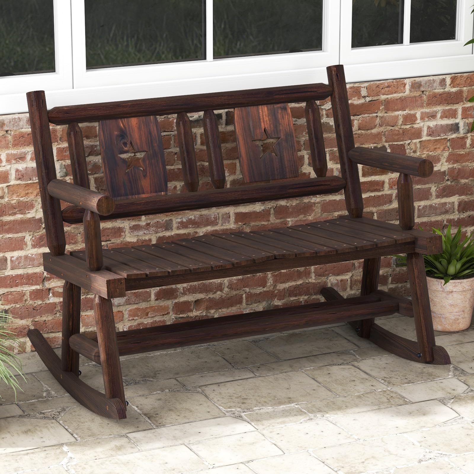 Tangkula Patio Rocking Bench, Carbonized Wood Double Rocker Chair with Ergonomic Seat, 2-Person Solid Wood Rocking Loveseat for Backyard, Porch, Garden, Rustic Farmhouse Style (1, Rustic Brown)