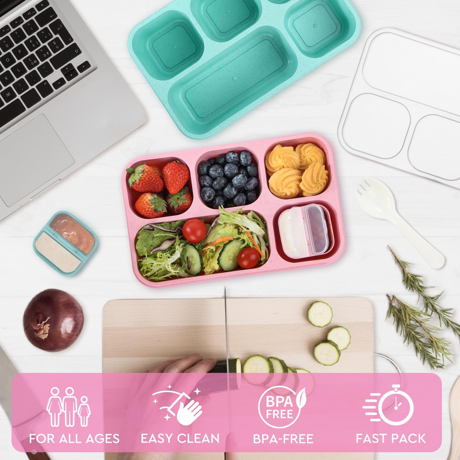 Lunbxx Snack Box Containers for Adults,4 Pack Bento Lunch Box for Adult & Kids, 5 Compartment Adult Lunchable Containers with Utensils, Sauce Jar, 44 Oz/1300ML Large Size (Wheat)