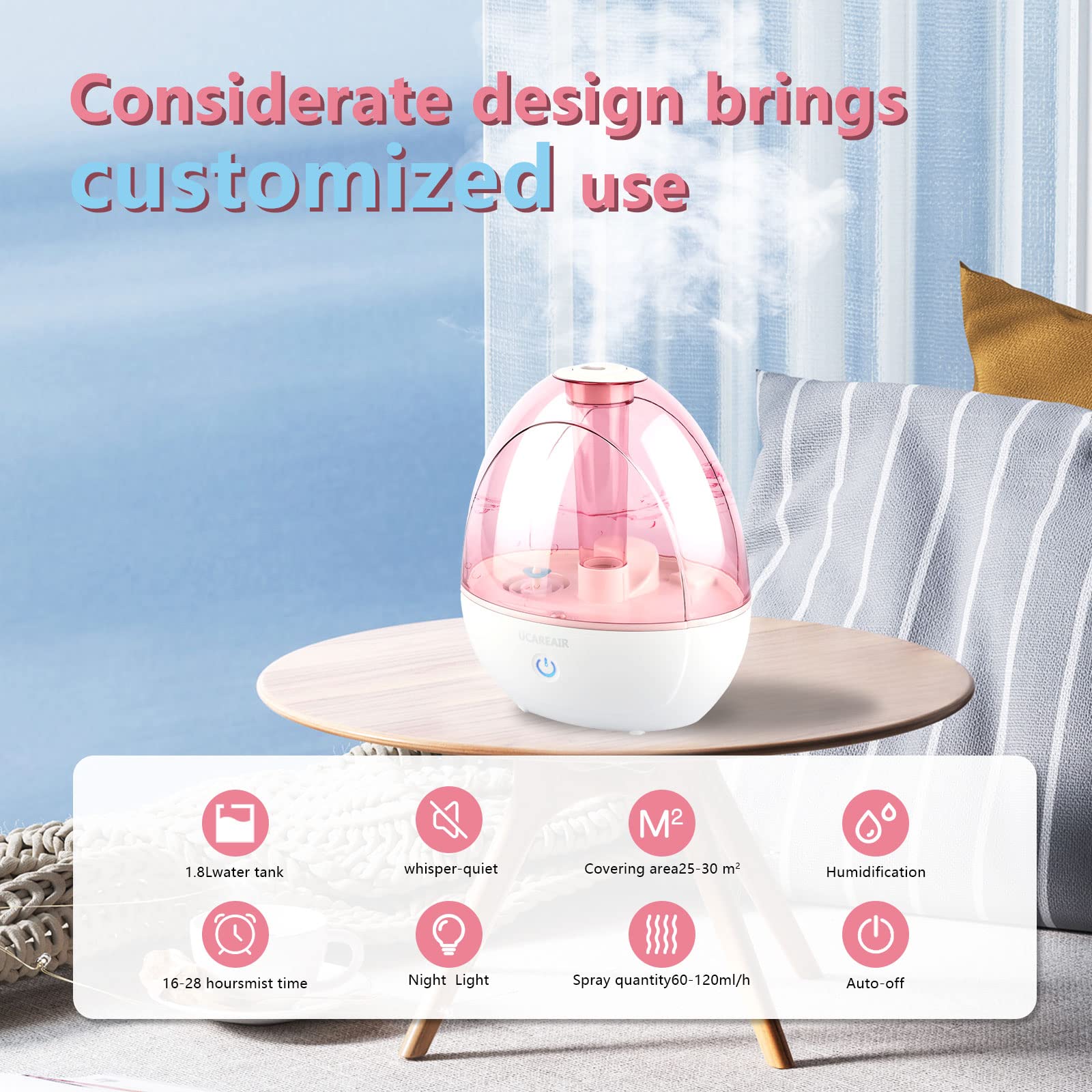 2L Cool Mist Humidifier Pink