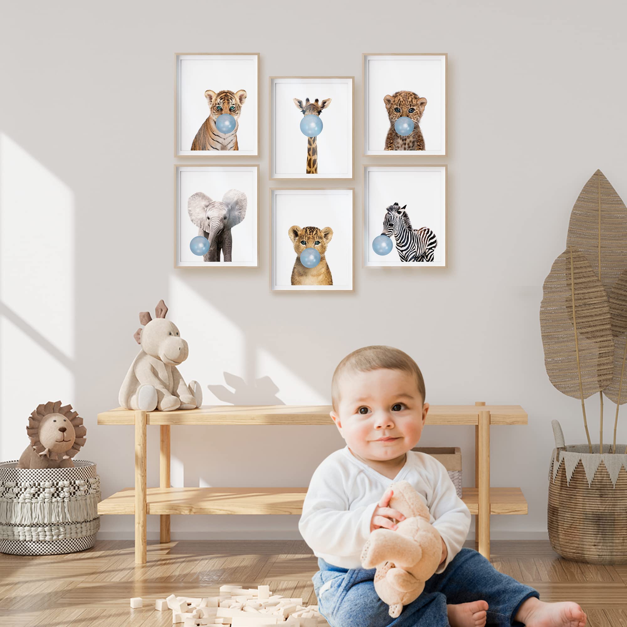 Designs by Maria Inc. Safari Blue Bubblegum Baby Animals Nursery Decor Art - Set of 6 (UNFRAMED) Wall Prints 8x10 (Blue)