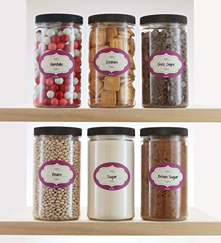 DilaBee 32 Oz Plastic Jars with Lids and Labels - 6 Pack Clear Storage Containers with Airtight Lids for Food, Kitchen Pantry, Home Organization and More