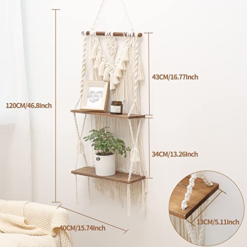 ANROYE 1 TierAND 2 Tier Macrame Boho Wall Hanging Shelf, Handmade Bohemian Wooden Woven Plants Floating Shelves Decor, Mini Chic Rope Crystal Holder Organizer