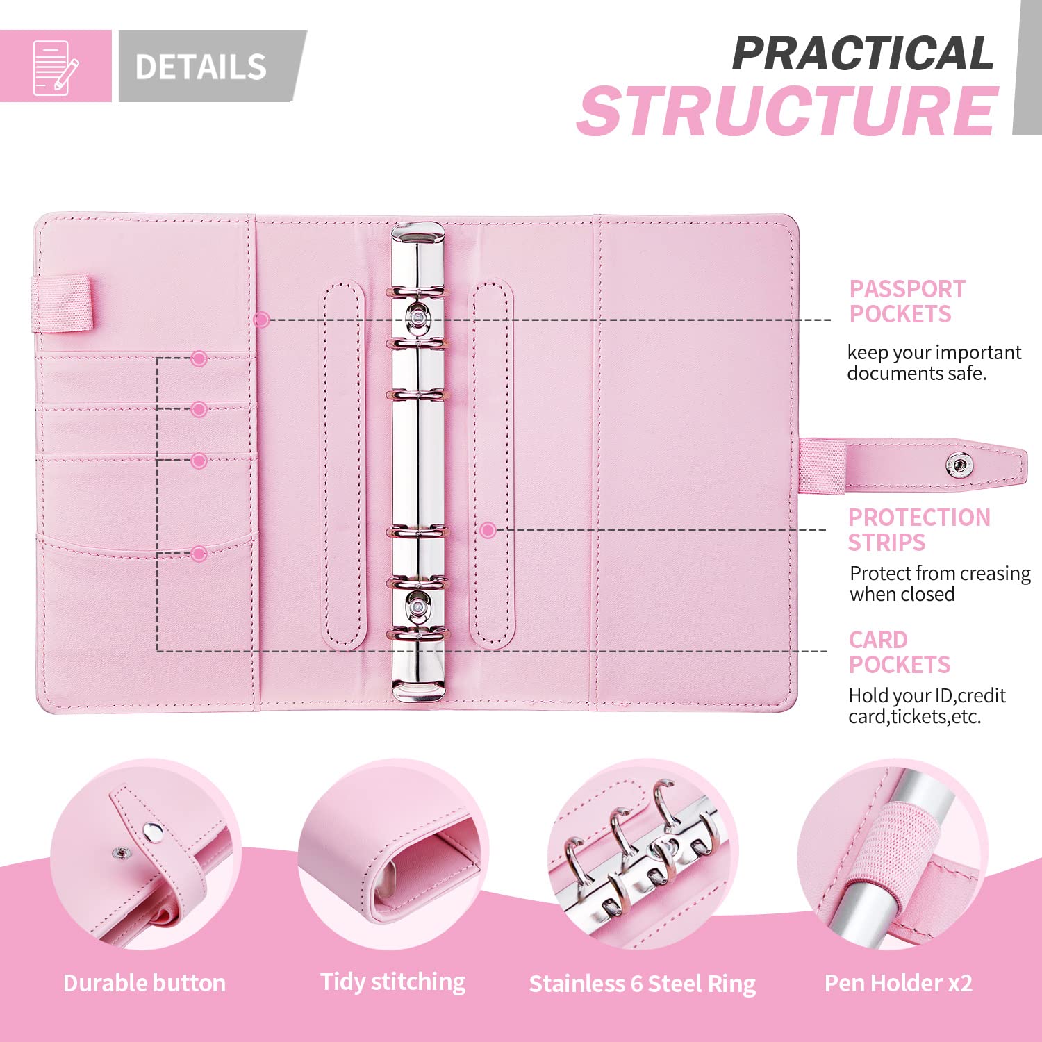 A6 Binder,Cash Envelopes for Budgeting,37 Pcs Budget Binder with Cash Envelopes, Money Saving Binder, Refillable Loose-Leaf Budget Wallet Planner Money Organizer for Cash Receipt Coupon, Pink