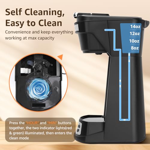 Aigostar Single Serve Coffee Maker for K Cup and Ground Coffee, 24H Timer, 6 to 14 Oz Brew Sizes, Single Cup Coffee Maker with Self-Cleaning, Fits Travel Mug, Fast Brewing Capsule Coffee Machine,Black