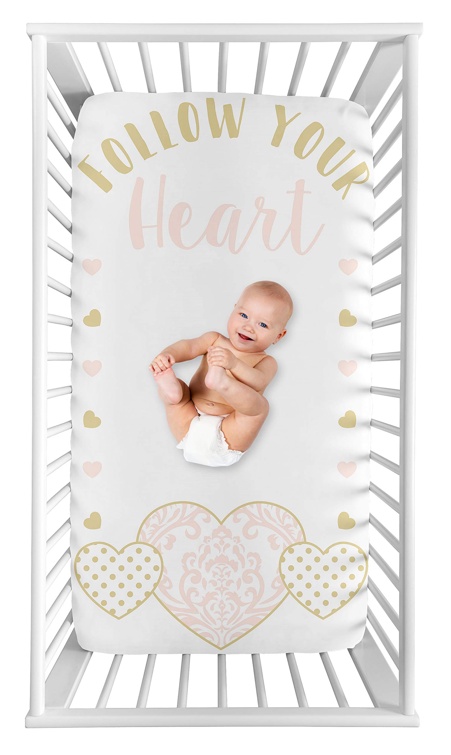 Sweet Jojo Designs Damask Heart Girl Fitted Crib Sheet Baby or Toddler Bed Nursery Photo Op - Blush Pink, Gold and White Polka Dot Amelia Collection
