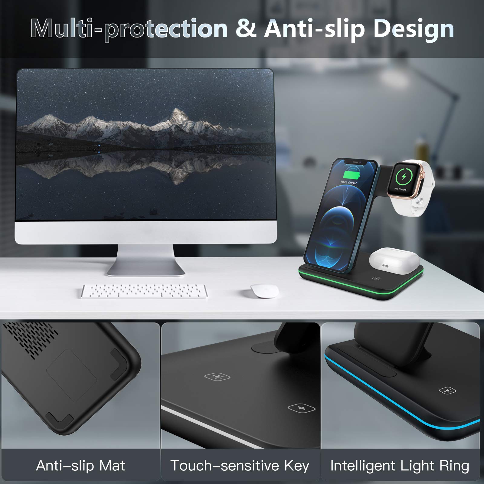 Liwin Wireless Charger, 3 in 1 Fast 15W Wireless Charging Station