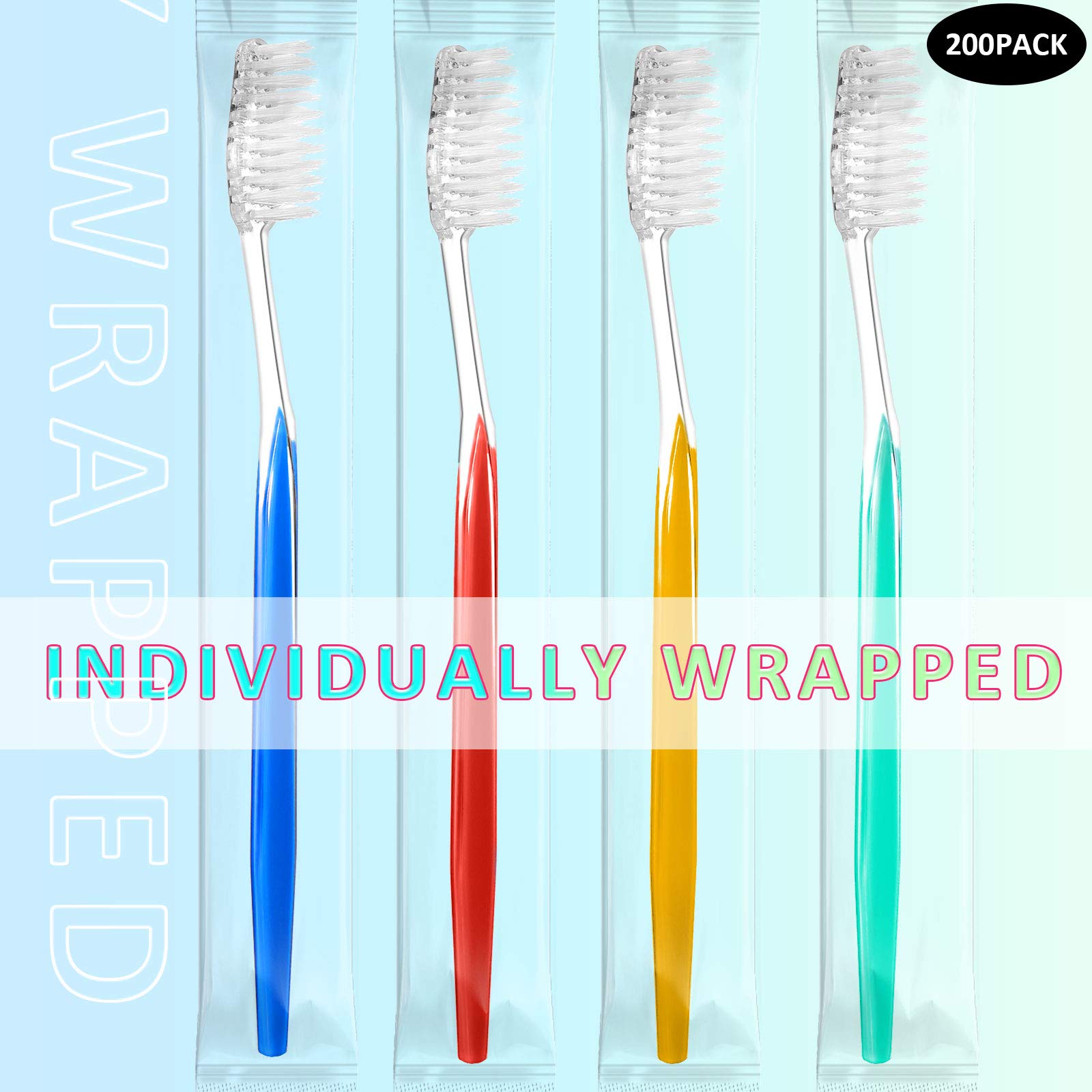 Disposable Toothbrushes Individually Wrapped Toothbrushes Medium Soft Bristle Tooth Brush Manual Disposable Travel Toothbrush Set for Adults Kids Travel Toiletries, 4 Colors (200 Pieces)